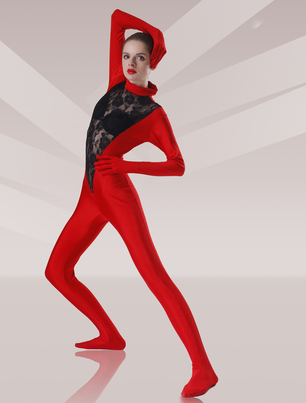 Red And Black Lycra Lace Zentai Catsuit - Milanoo.com