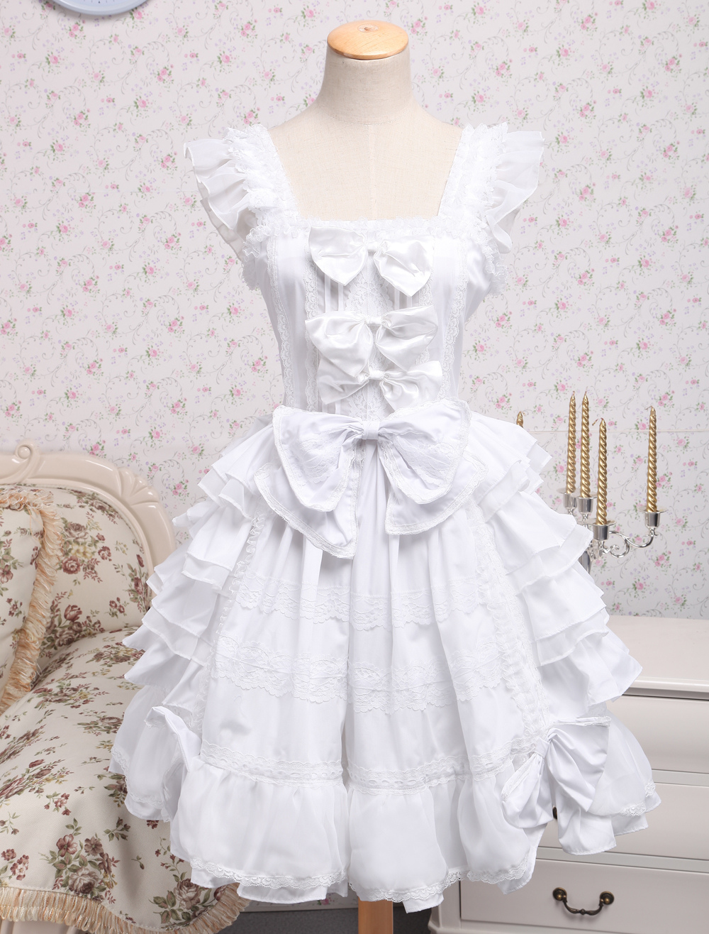 Rococo Lolita JSK Dress Lace Bow Ruffle White Cotton Lolita Jumper ...