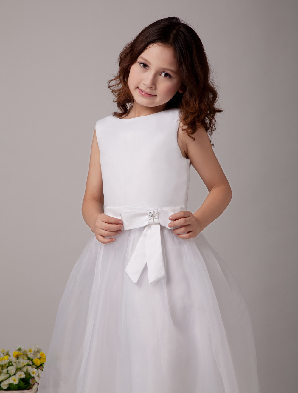 White Flower Girl Dresses A Line Kids Bows Sash Bateau Neck Ankle ...