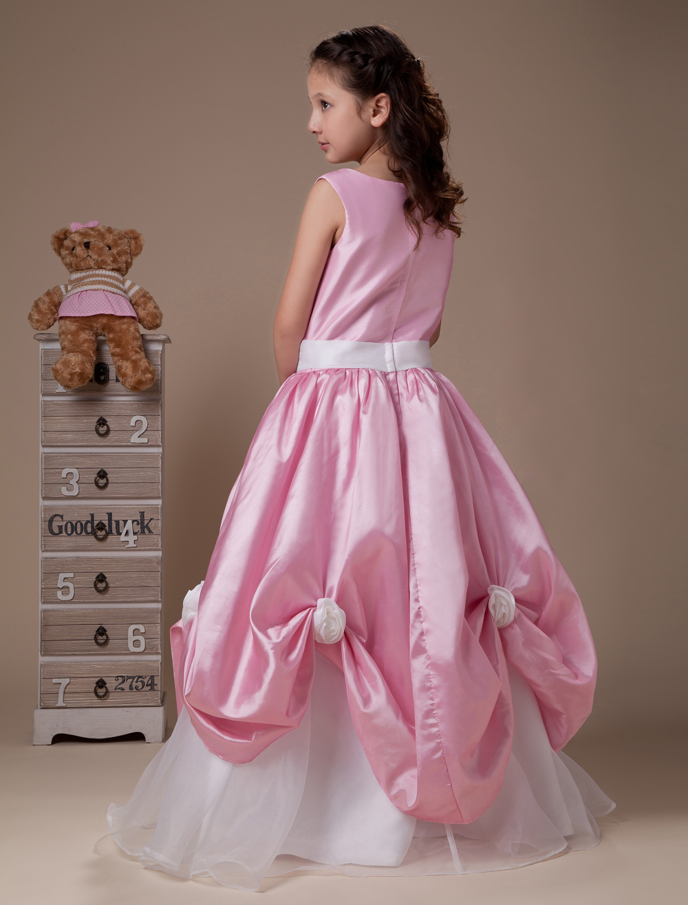 White And Pink Sleeveless Sash Taffeta Organza Flower Girl Dress