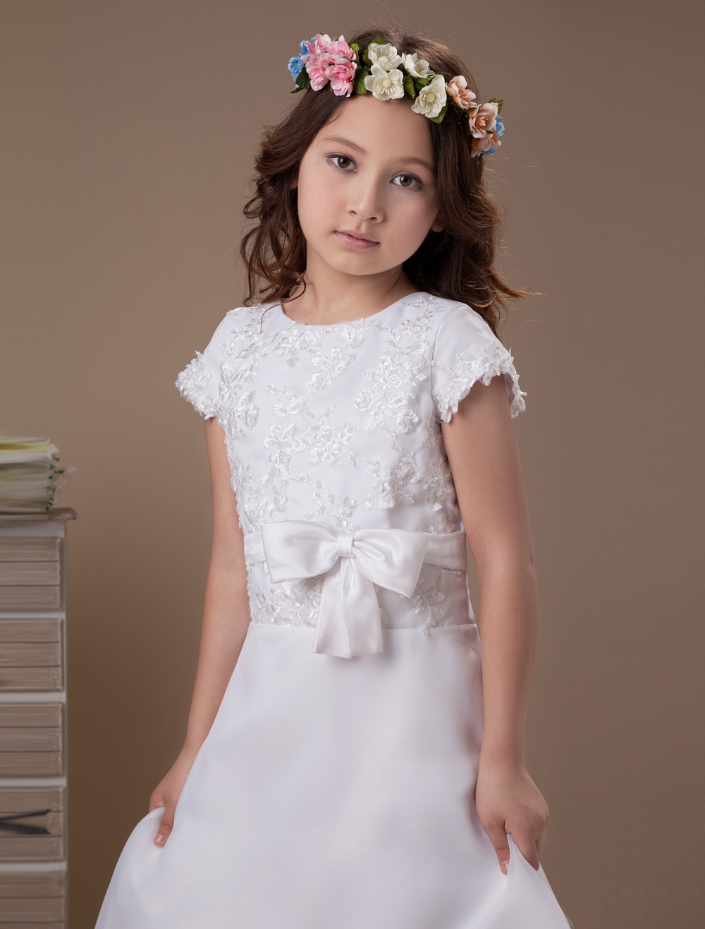 Sweet A-line White Satin Ankle-Length First Communion Dress - Milanoo.com
