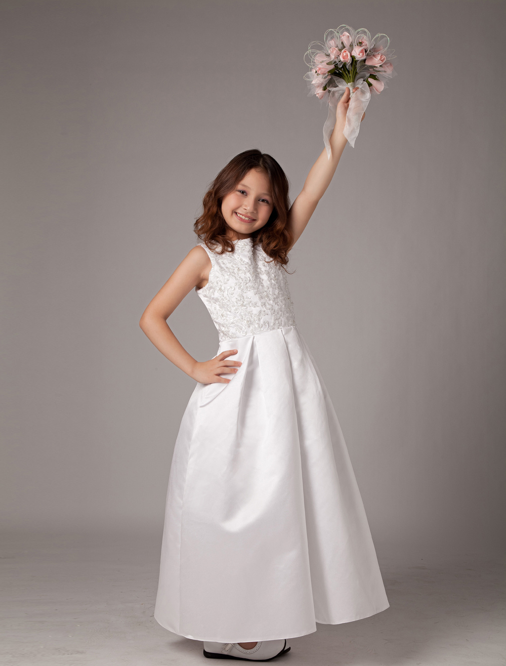 White Satin Lace Flower Girl Dress - Milanoo.com