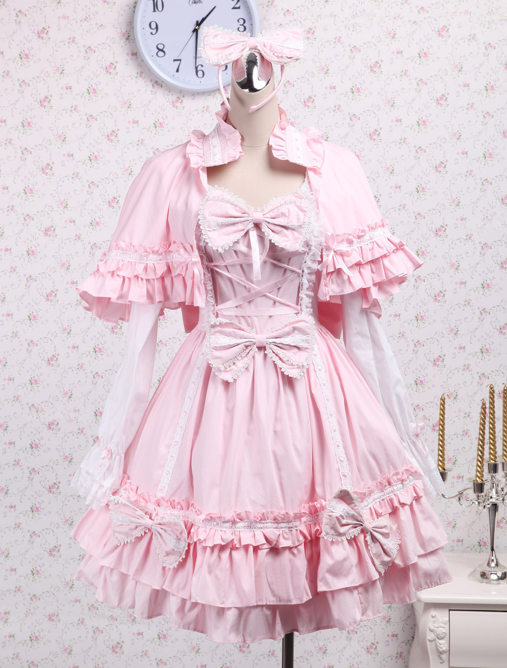Sweet Pink Lotila OP Dress and Cape with Bows and Ruffles - Milanoo.com