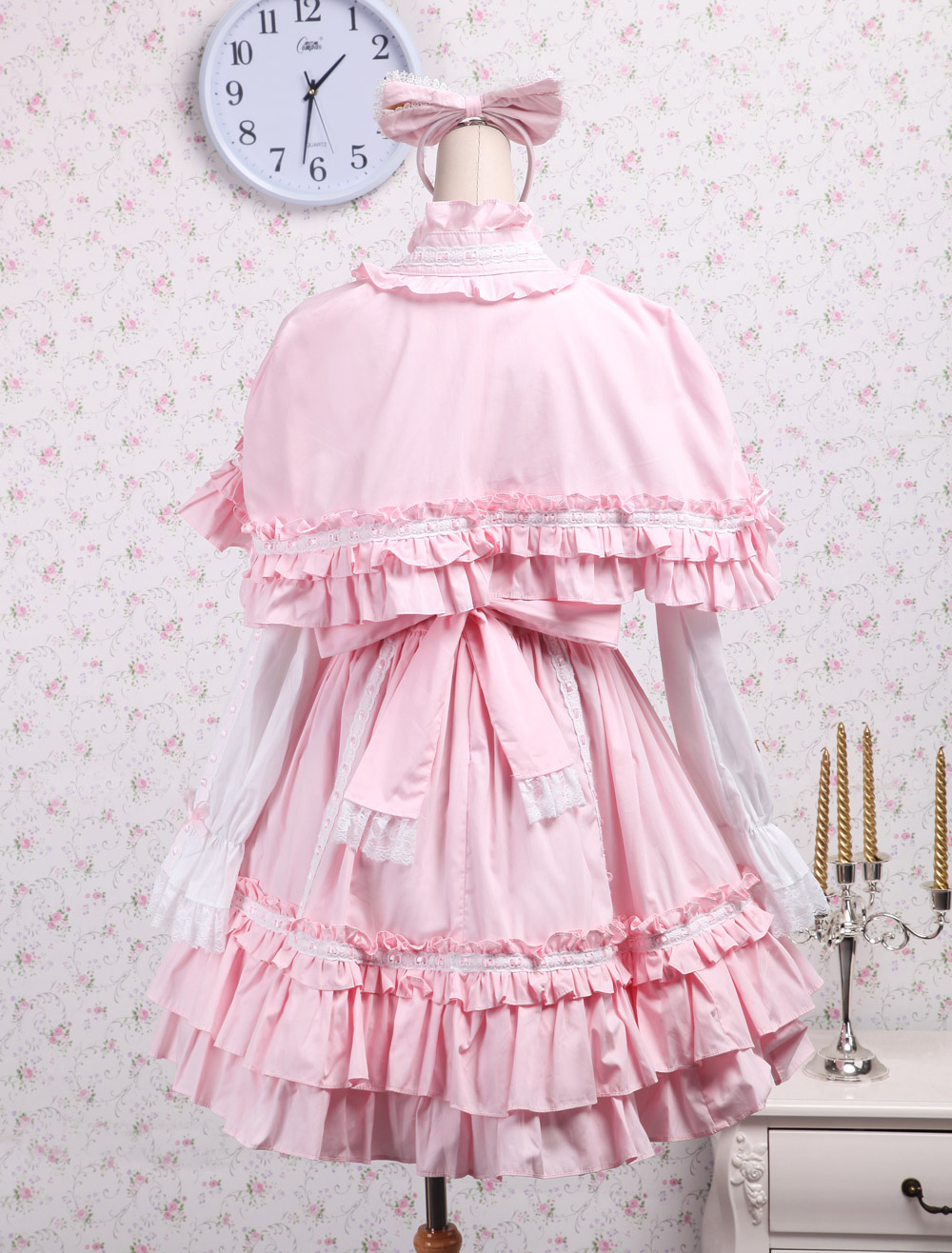 Sweet Pink Lotila OP Dress and Cape with Bows and Ruffles - Milanoo.com