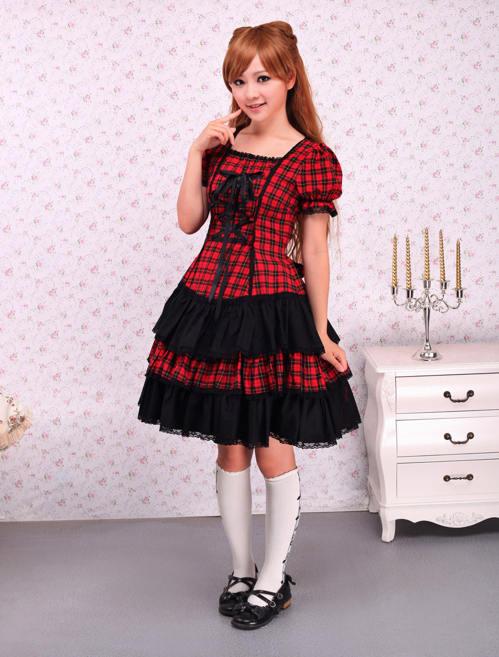 Cotton Red Black Gingham Loltia OP Dress Short Sleeves Lace Up ...