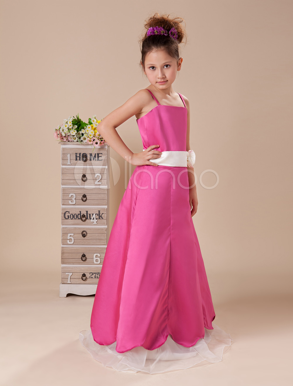 Robe sweet de fille de fleurs A-ligne rose en satin à fines bretelles ...