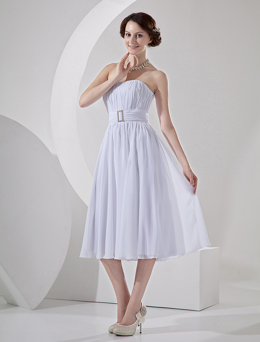 Short Strapless Pleated Chiffon Mini Wedding Dress For Reception ...