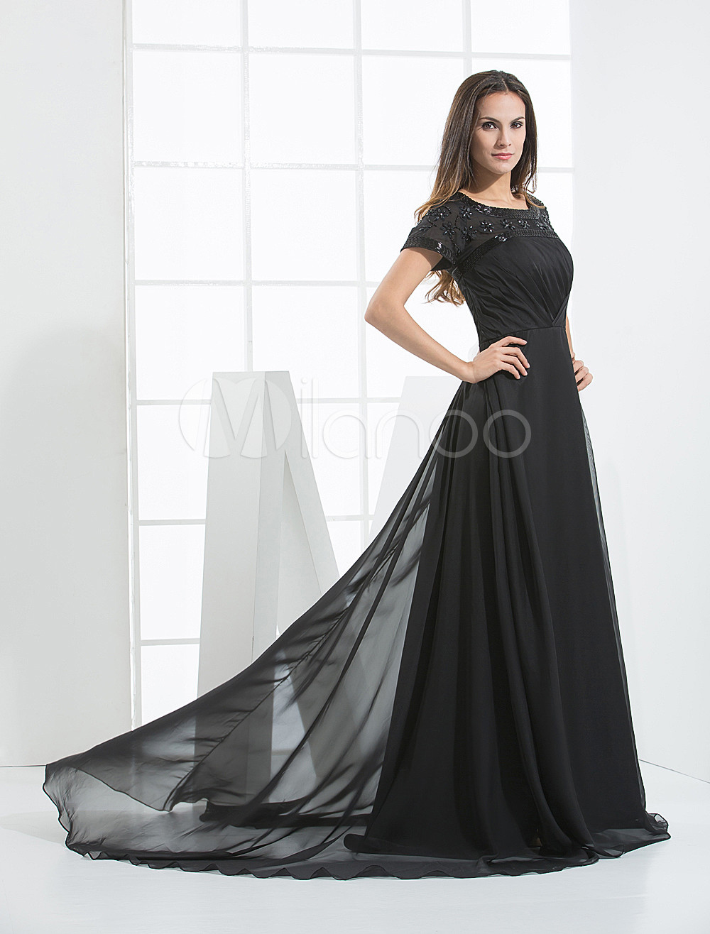 Black Floor Length Chiffon A-line Satin Evening Dress - Milanoo.com