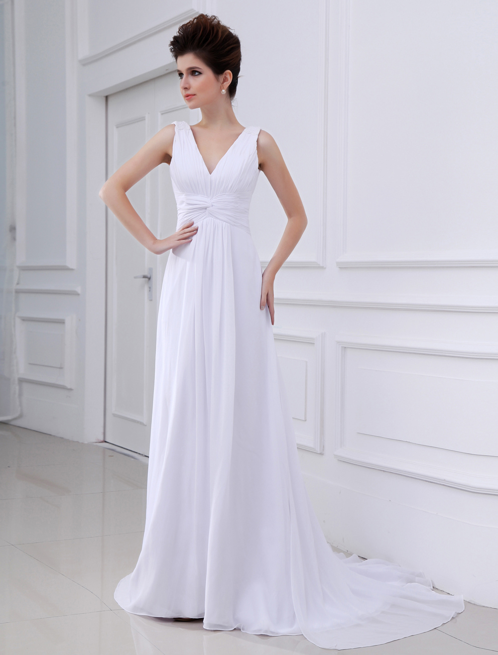 Elegant Sheath V Neck Empire Waist Chiffon Wedding Dress For Bride