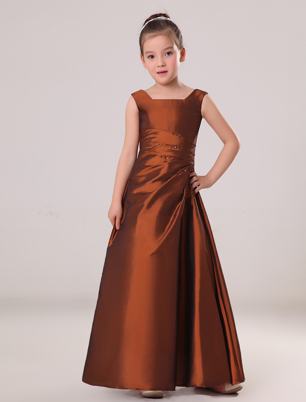 Robe de fille de fleurs en taffetas chocolat de col carré - Milanoo.com
