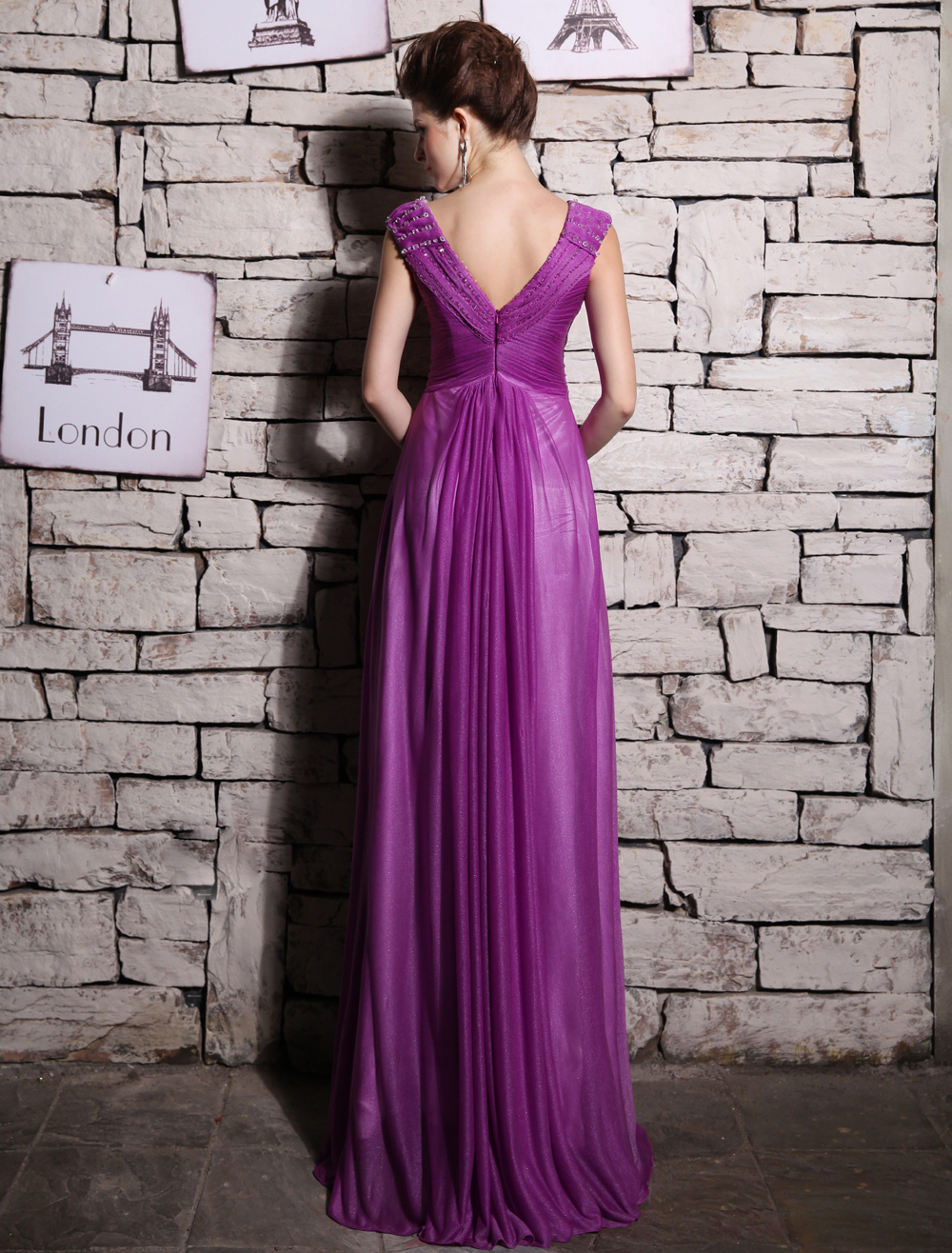 Abendkleider V-Ausschnitt Hochzeit A-Linie- Chiffon ärmellos Formelle ...