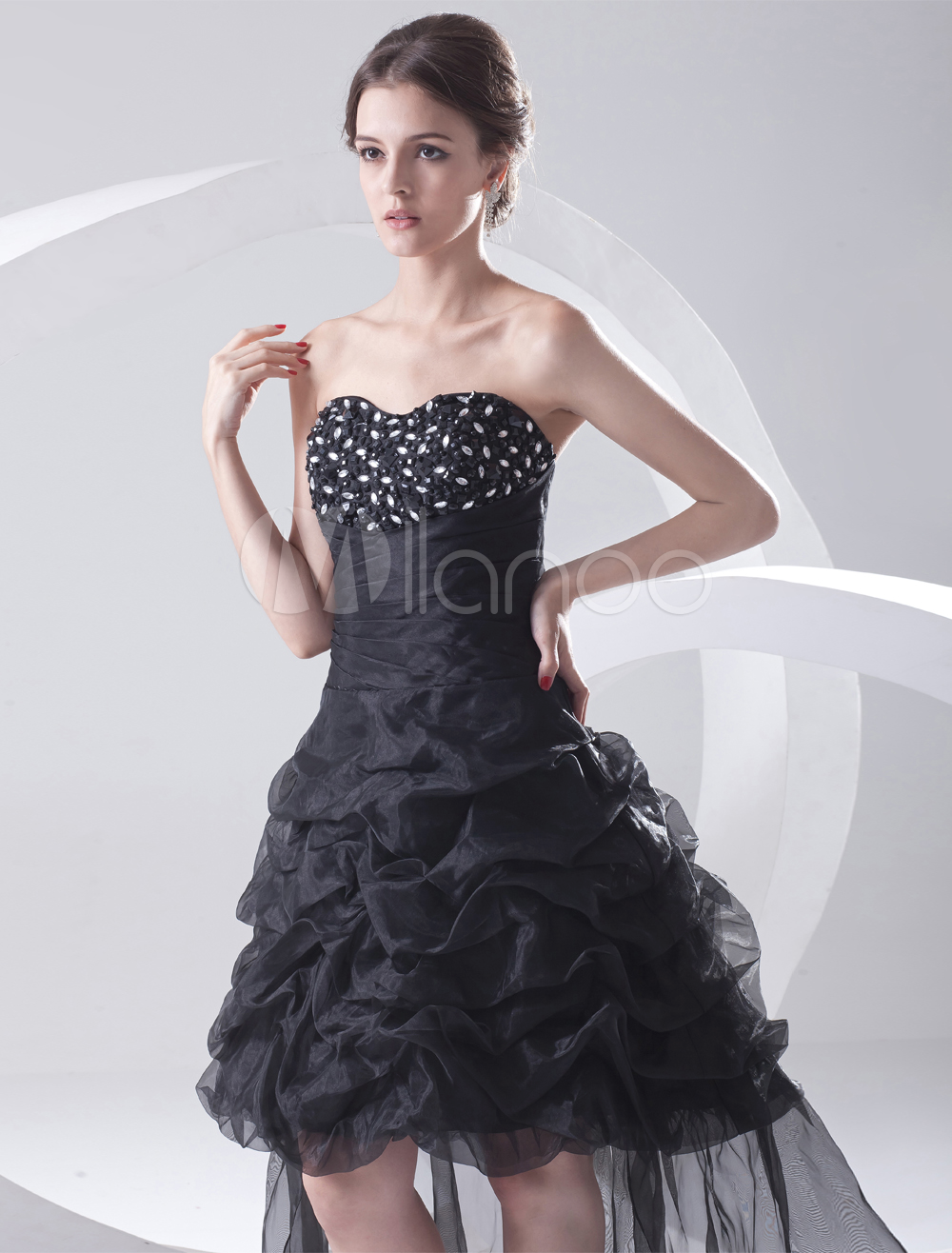 A-line Black Organza Rhinestone Sweetheart Asymmetrical Prom Dress ...