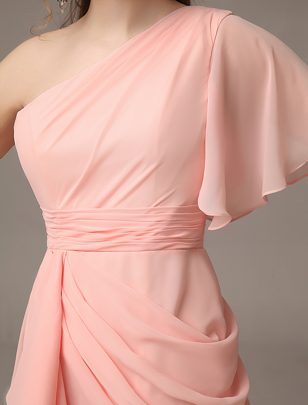 Sheath Pink One-Shoulder Knee-Length Chiffon Bridesmaid Dress with ...