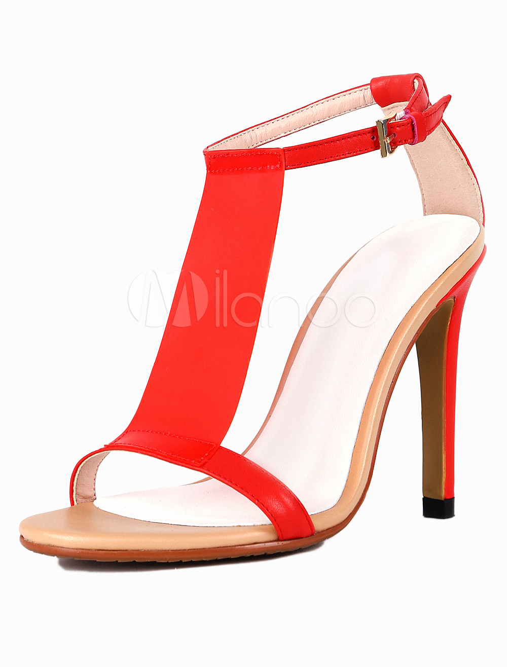 Red Open Toe Cowhide Stiletto Heel T-strap PVC Sandals - Milanoo.com