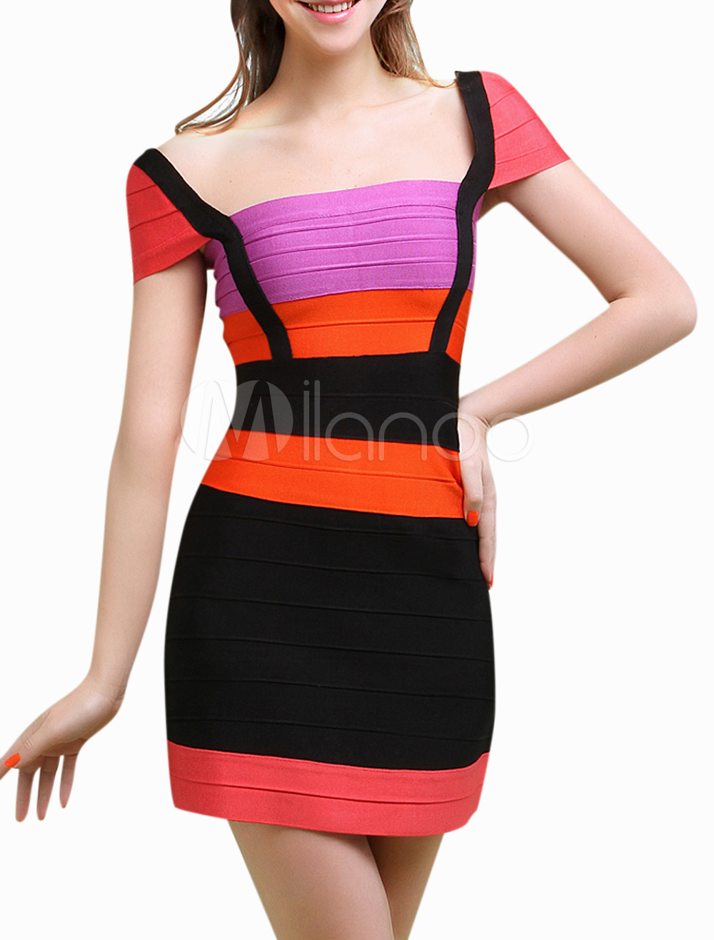 Color Block Square Neck Rayon Woman's Party Dress - Milanoo.com