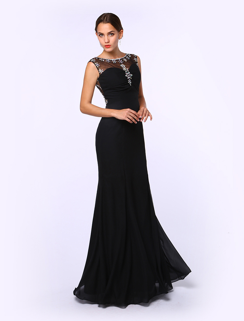 Robe de soirée sirène en chiffon noir avec perles à col bateau Robes ...