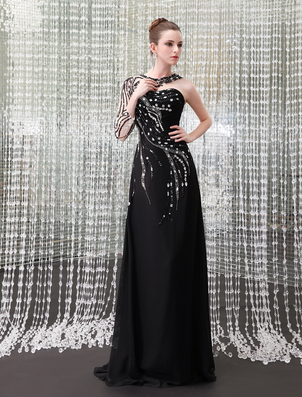 Robe de soirée noire avec strass longueur plancher Milanoo - Milanoo.com