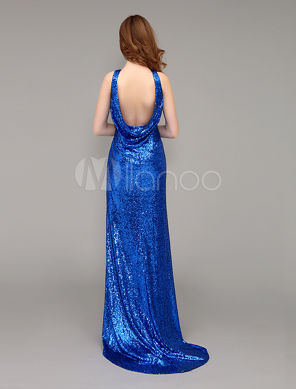 Royal Blue Cowl Back Sequined Long Evening Dress With Train - Milanoo.com
