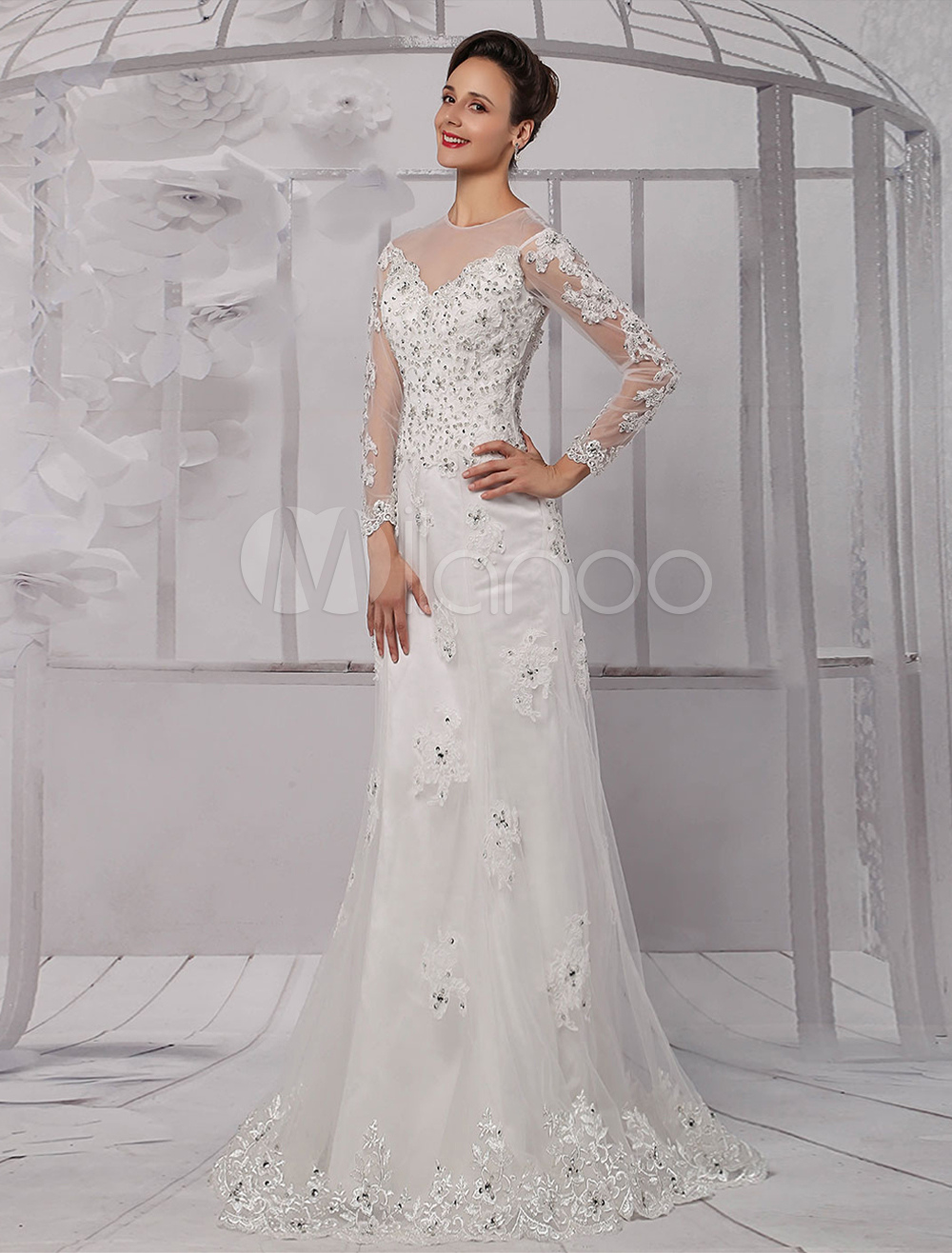 Lace Illusion Neckline Long Sleeves Knee Length Sheath Wedding Dress