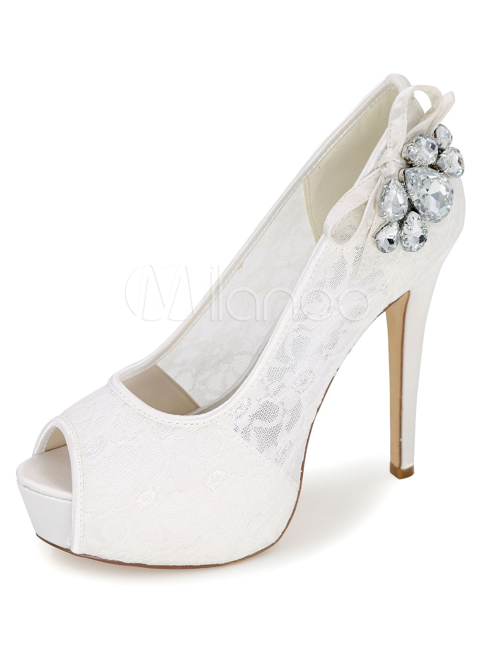 Ivory Wedding Shoes Platform Lace Peep Toe Slip On Rhinestone High Heel ...