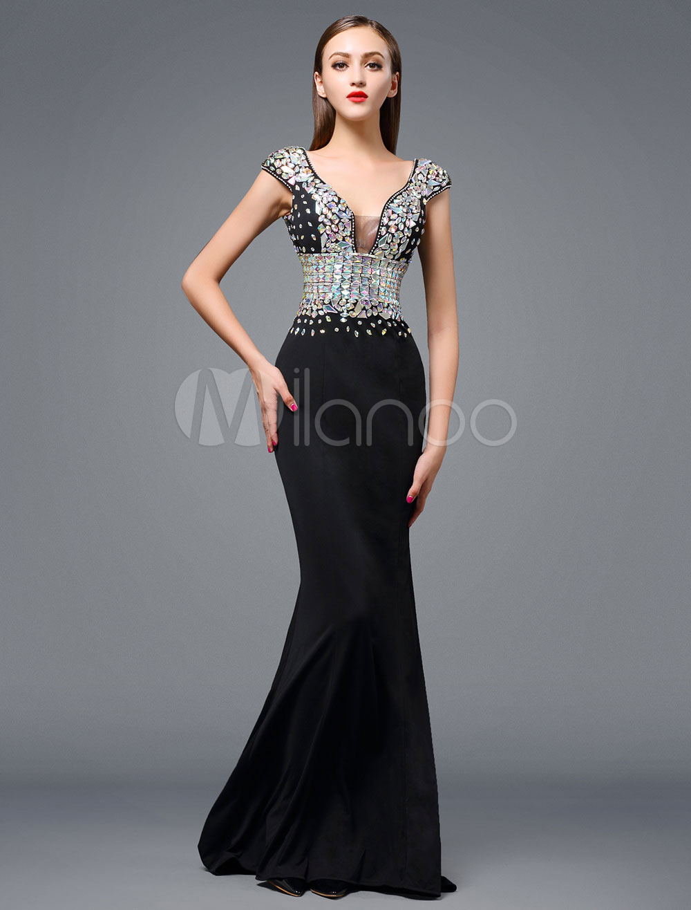 Rhinestone Beaded Deep V-Neck Cap Sleeves Mermaid Evening Gown with ...