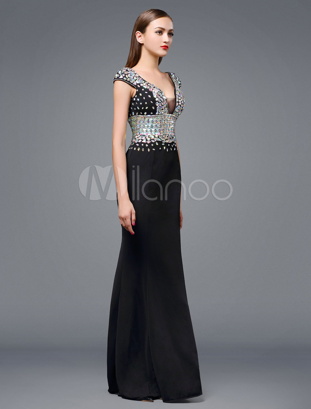Rhinestone Beaded Deep V-Neck Cap Sleeves Mermaid Evening Gown with ...