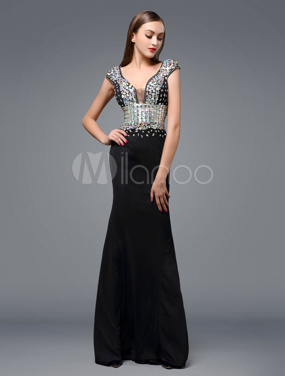 Rhinestone Beaded Deep V-Neck Cap Sleeves Mermaid Evening Gown with ...