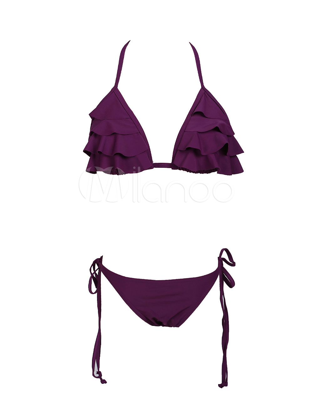 2 Pieces Swimsuit Plum Halter Strappy Tie Backless Ruffles Low Rise