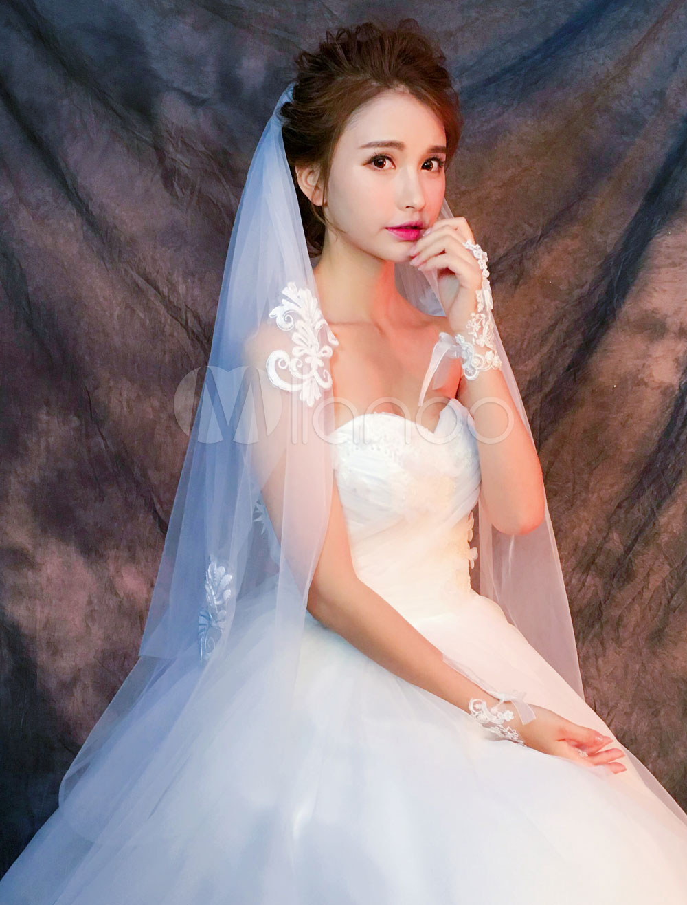 Waterfall Wedding Veil 2 Tier Cut Edge Lace Applique Ivory Bridal Veil ...