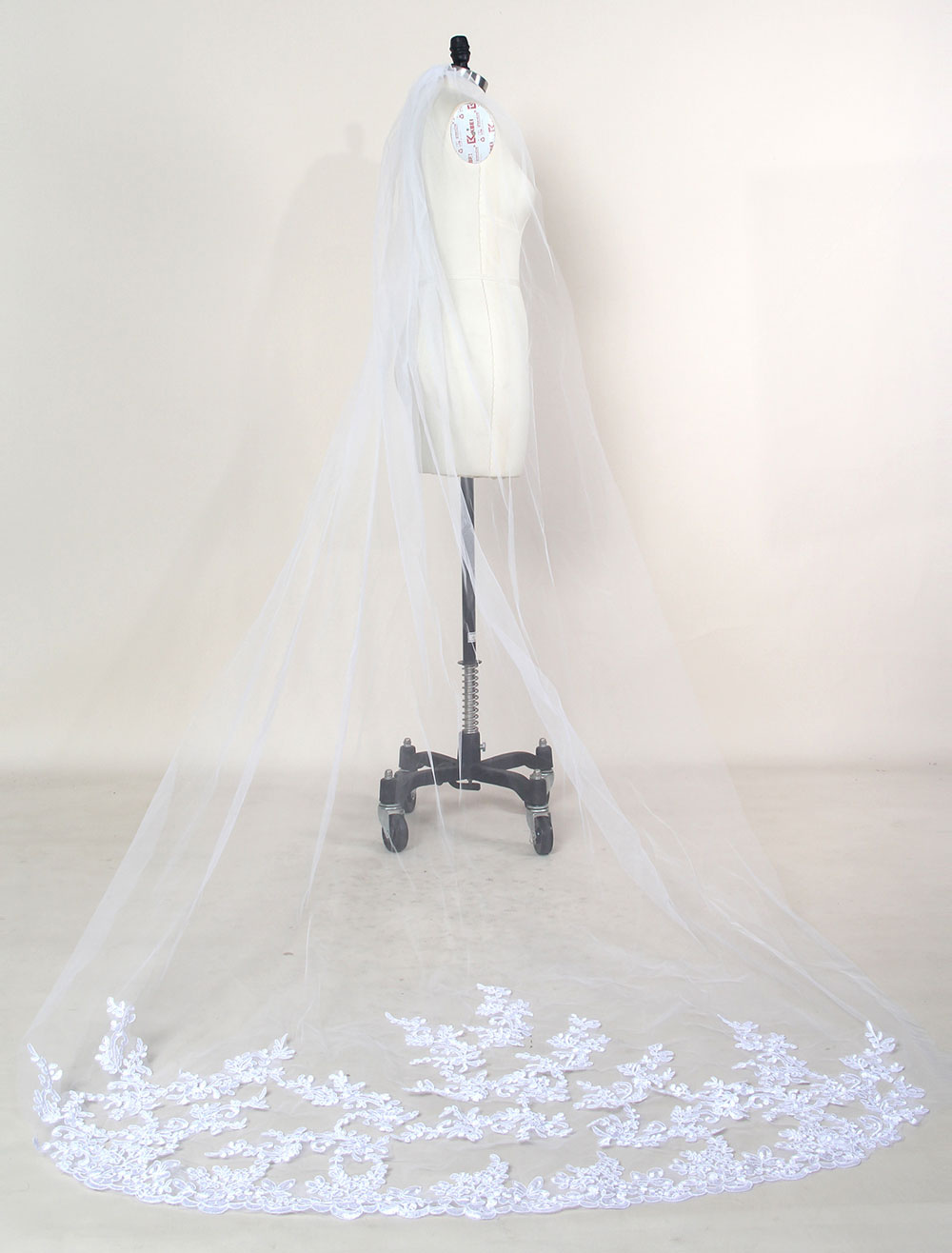 Cathedral Wedding Veil White Lace Trim One Tier Long Waterfall Veil For ...