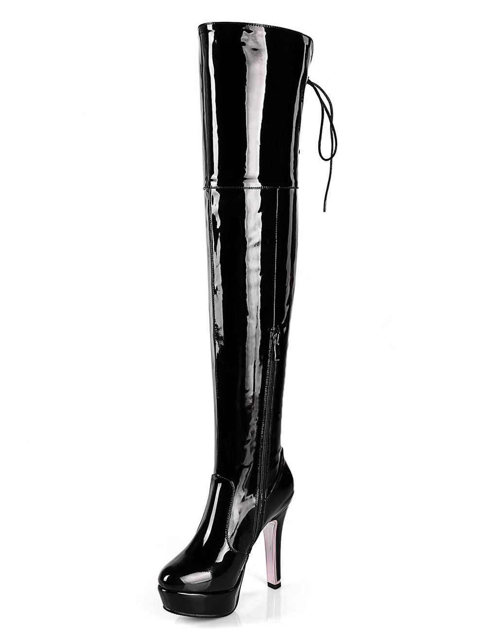 Over The Knee Boots Womens Patent Bright Leather Lace Up Round Toe