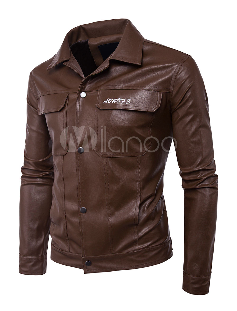 Brown Leather Jacket Turndown Collar Long Sleeve Regular Fit Short ...