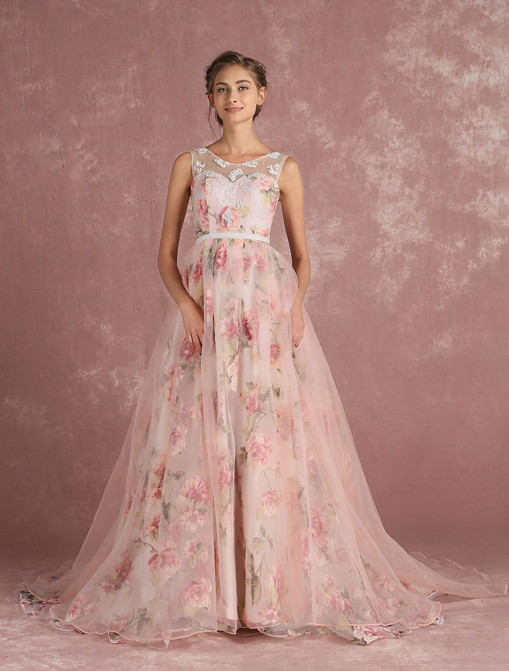 Pink Prom Dresses 2021 Long Floral Print Organza Pageant Dress Backless