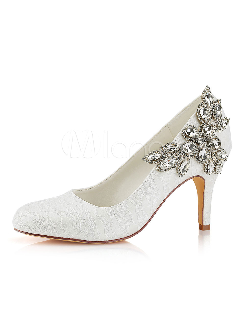 Ivory Wedding Shoes Lace Round Toe Rhinestones Slip On Bridal Shoes ...