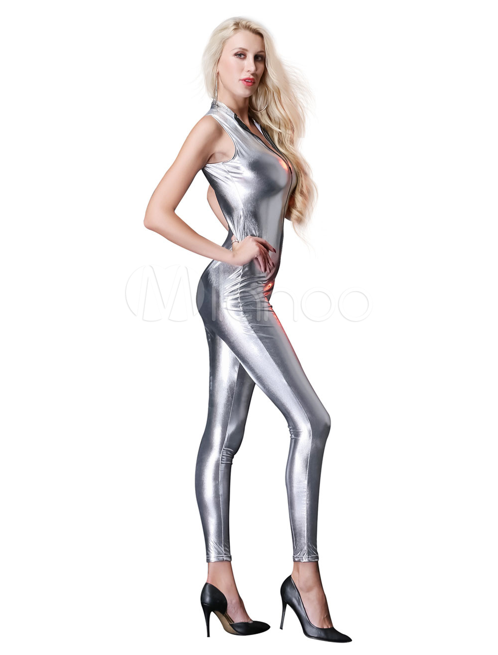 Pole Dancing Catsuit Faux Leather High Collar Zip Up Sexy Clubwear
