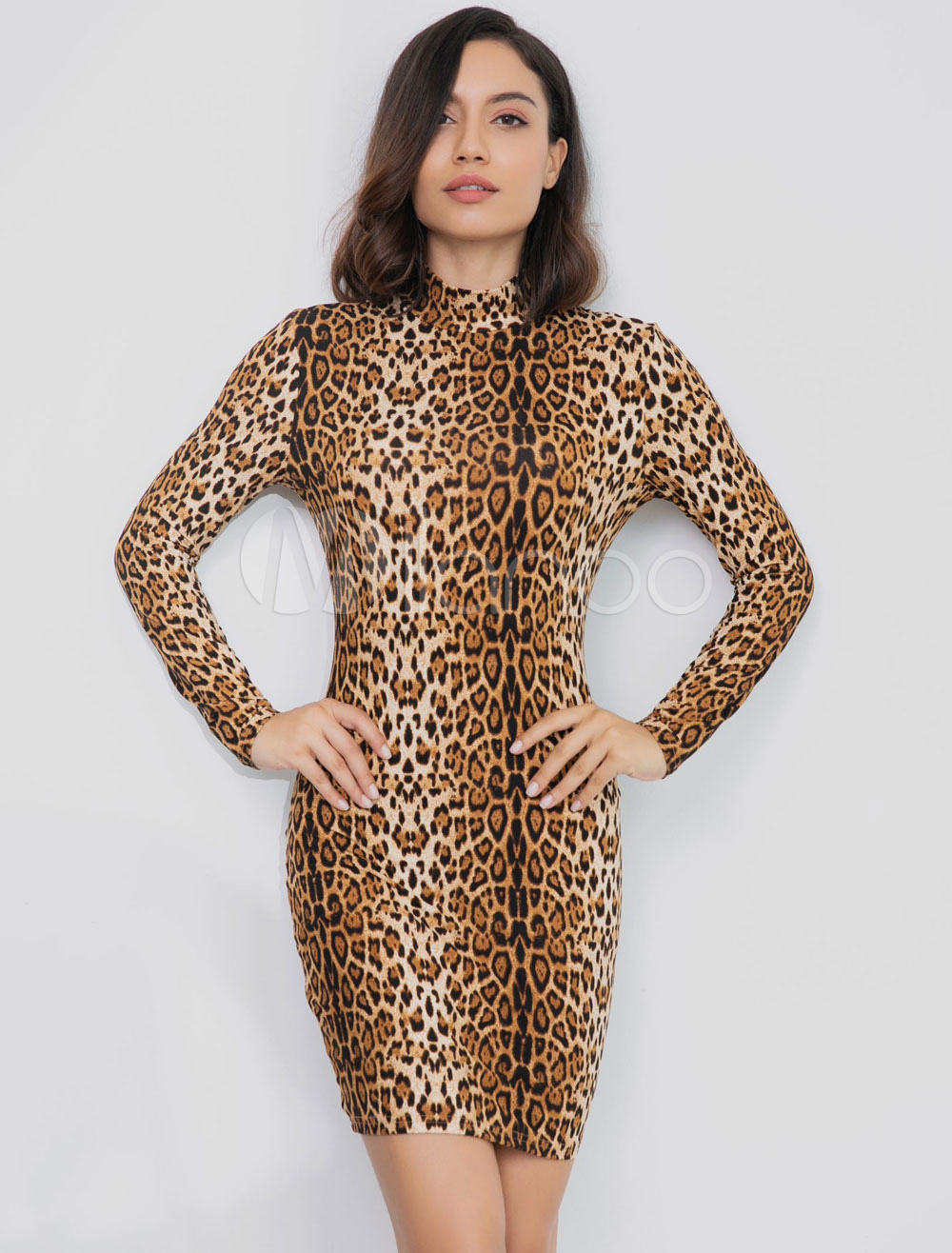 Robe Moulante Léopard à Manches Longues Avec Col Montant Et Robe Sexy Pour Les Femmes