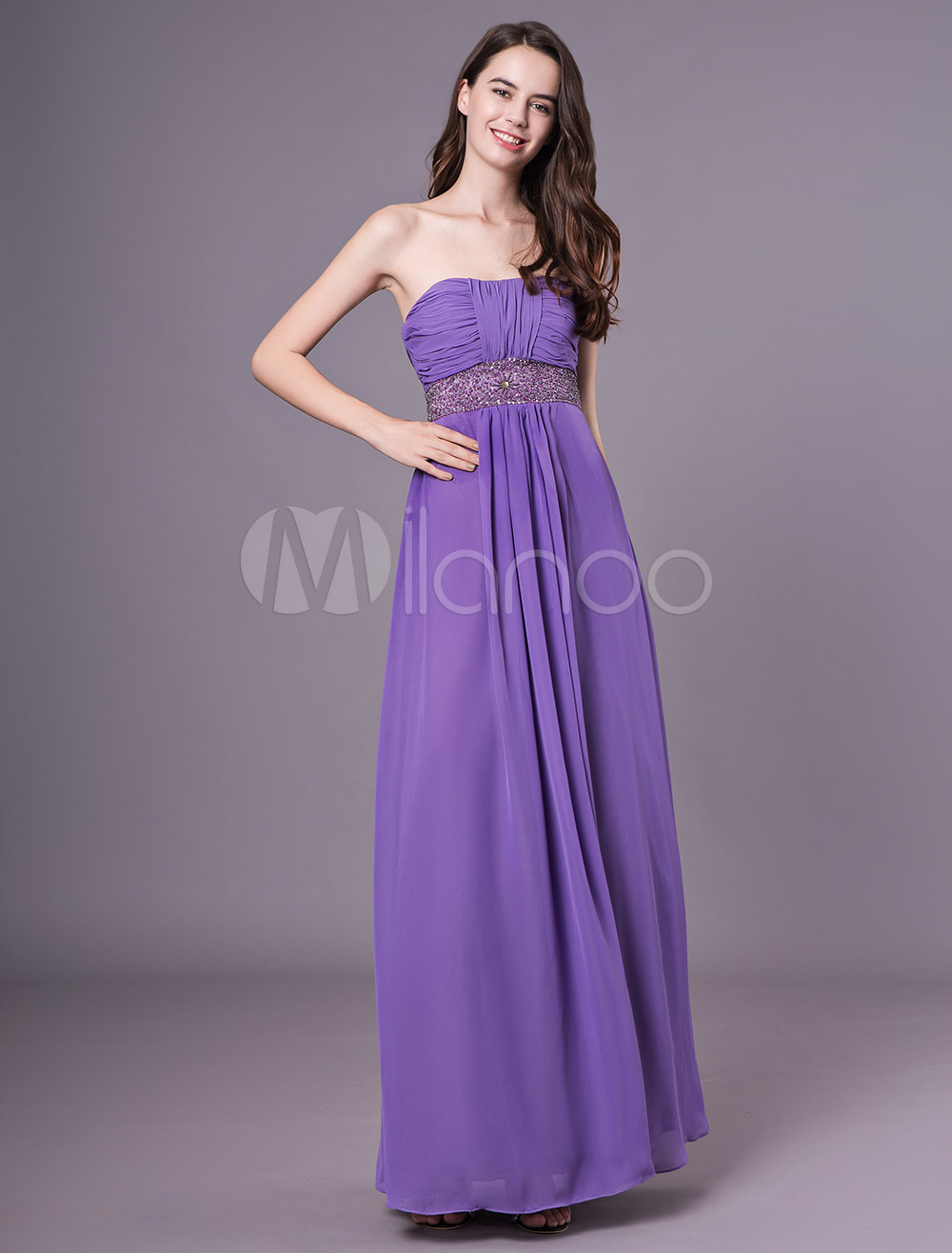 Lavender Strapless Empire Waist Beading Chiffon Bridesmaid Dress