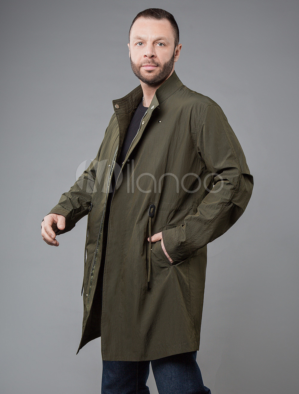 Men Trench Coat Zipper Stand Collar Drawstring Spring Coat Long Sleeve ...