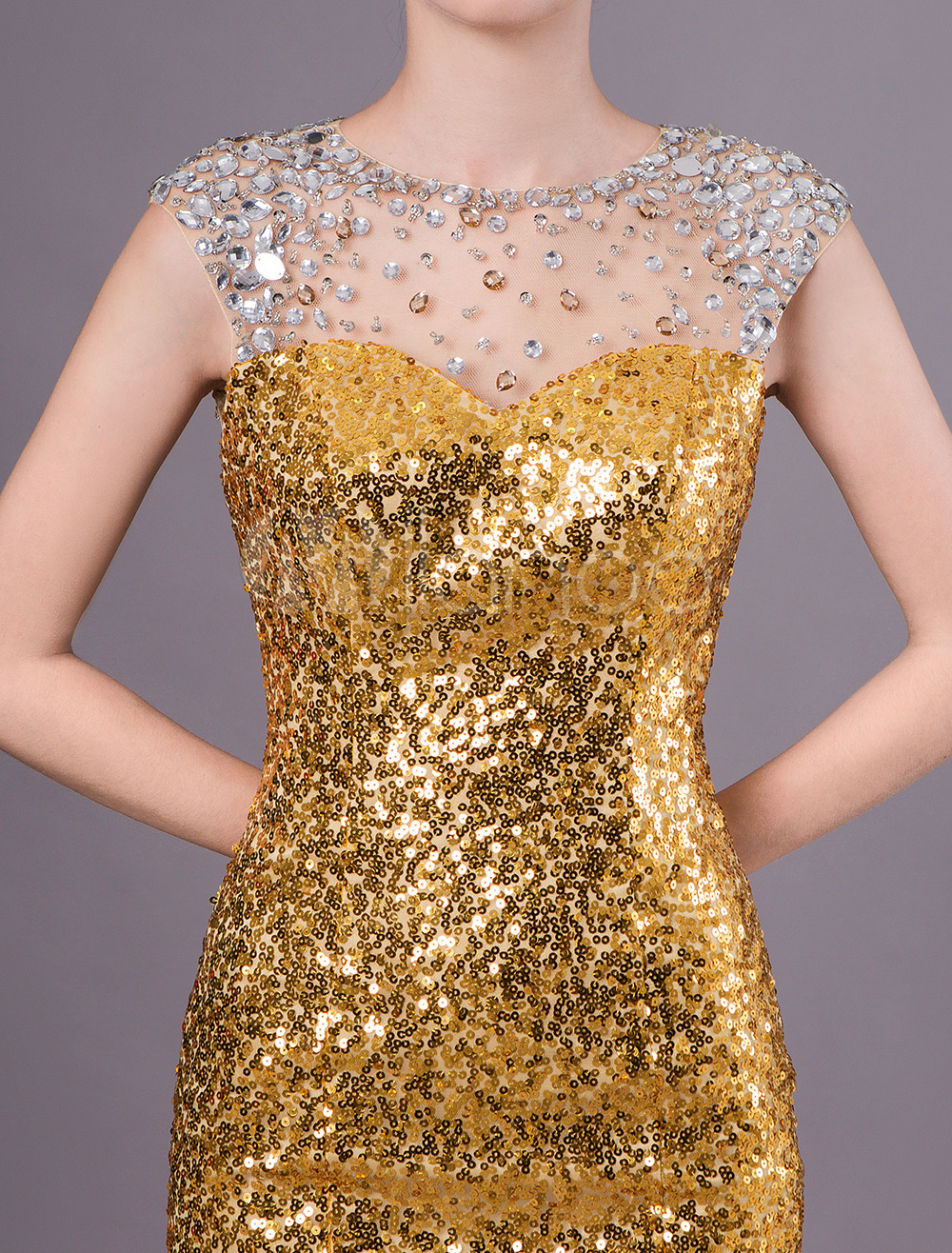 Sequin Evening Dresses Light Gold Beaded Backless Mermaid Prom Dress ...