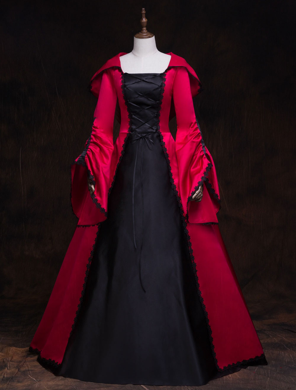Victorian Dress Costume Womens Red Hooded Masquerade Ball Gowns Royal
