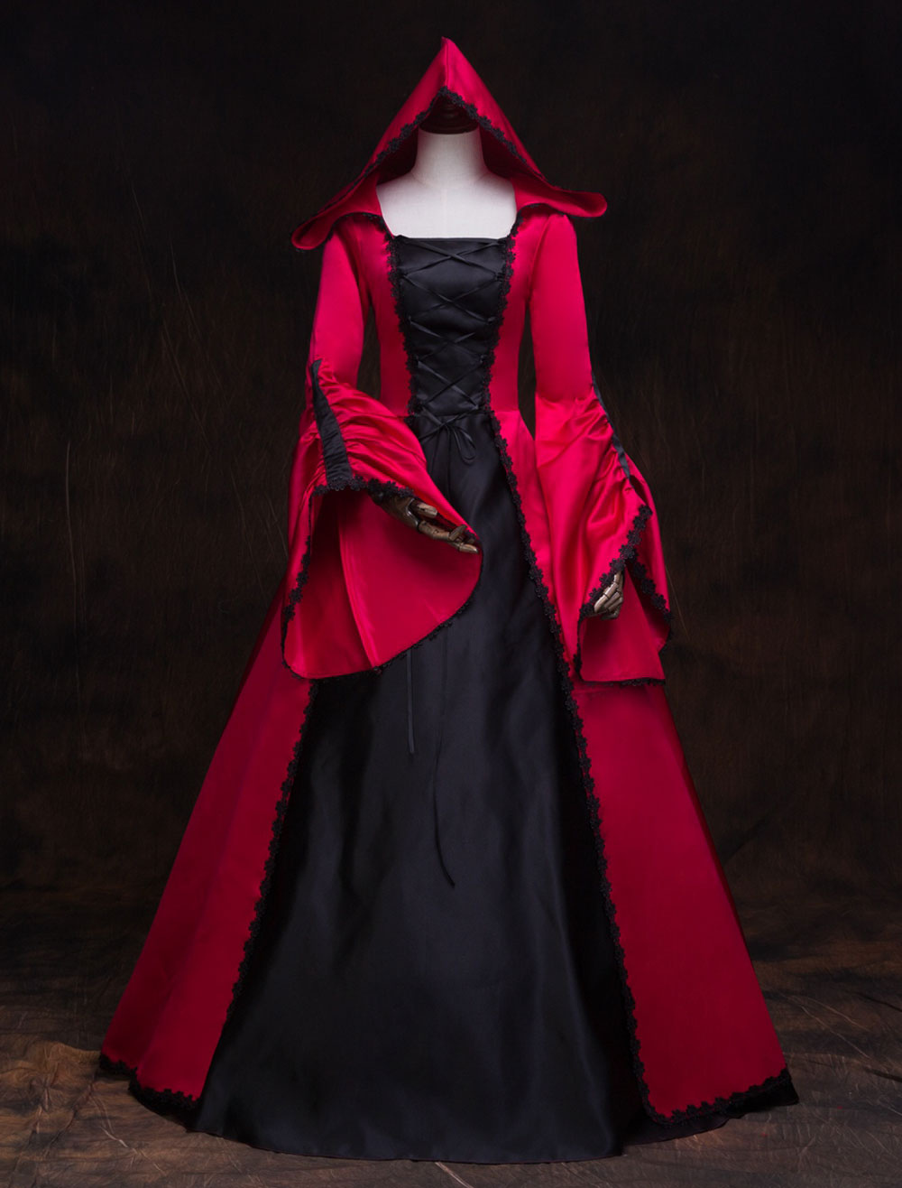 Victorian Dress Costume Womens Red Hooded Masquerade Ball Gowns Royal