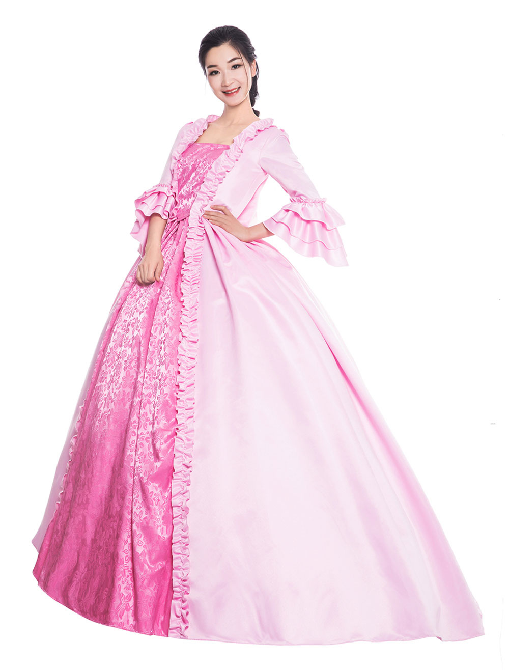 Victorian Dress Costume Women's Pink Ruffle Bows Trumpet Short Sleeves ...