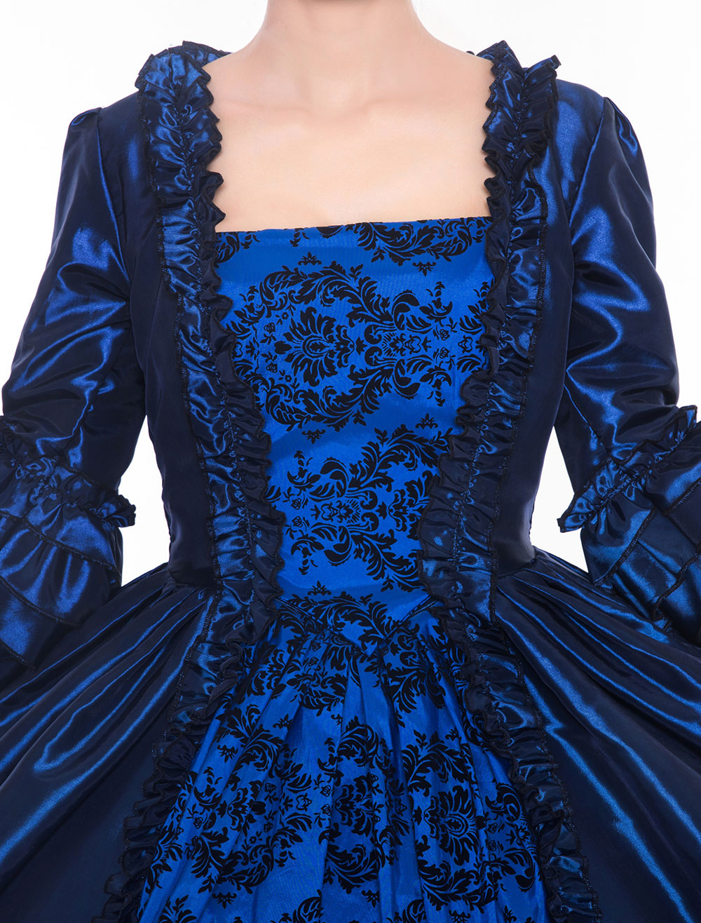 Victorian Dress Costume Womens Deep Blue Ruffle Bows Short Sleeves