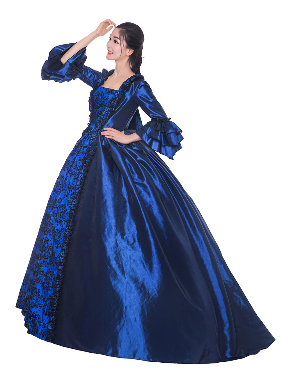 Victorian Dress Costume Womens Deep Blue Ruffle Bows Short Sleeves
