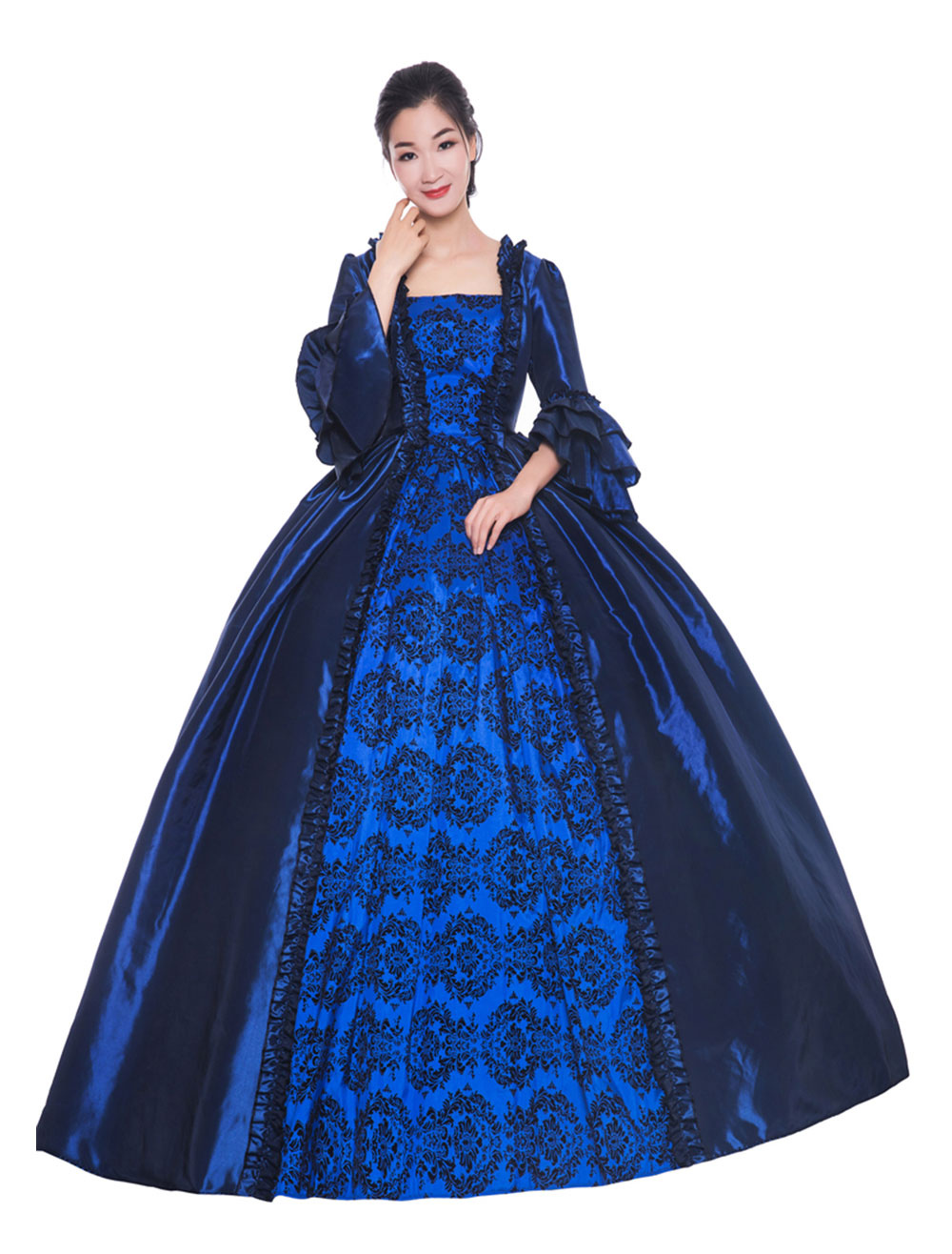 Victorian Dress Costume Womens Deep Blue Ruffle Bows Short Sleeves