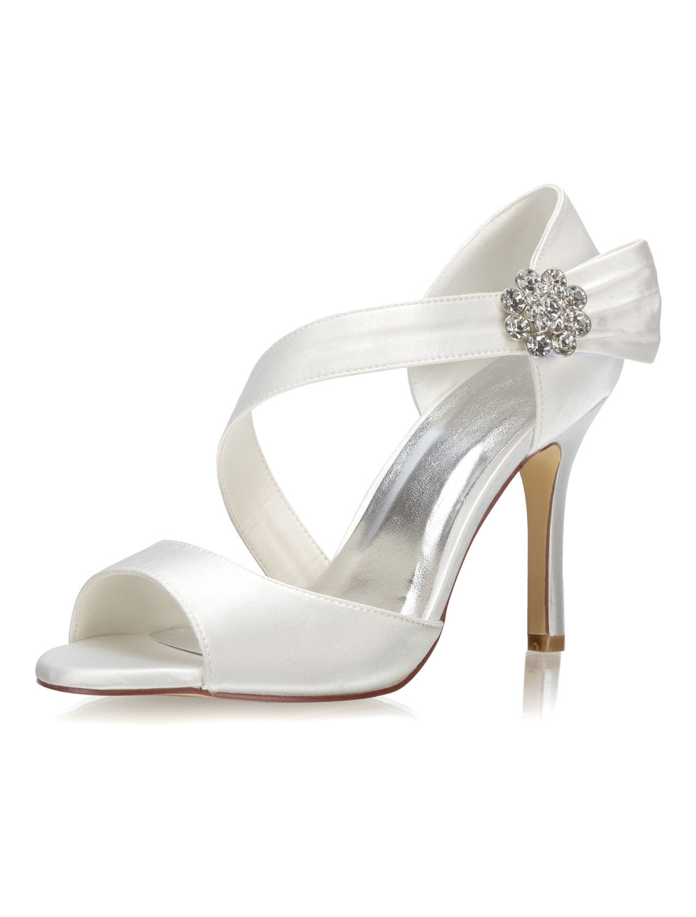 Satin Wedding Shoes Ivory Open Toe Rhinestones High Heel Bridal Shoes ...