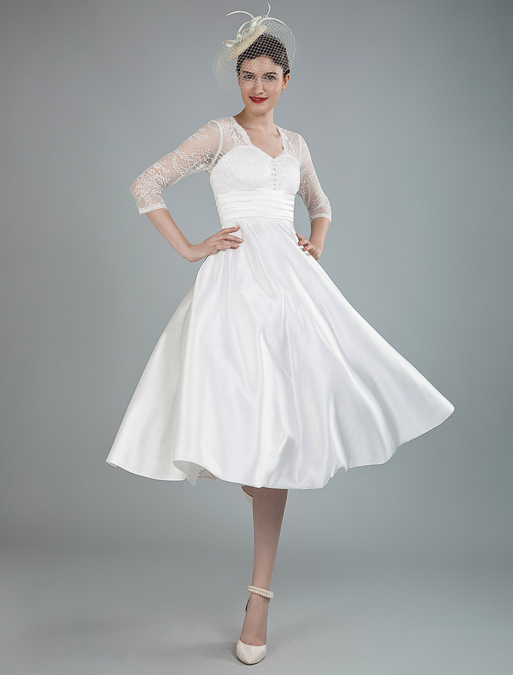 Brautkleider Kurz Weiß 3/4 Ärmel V-Ausschnitt Satingewebe ...