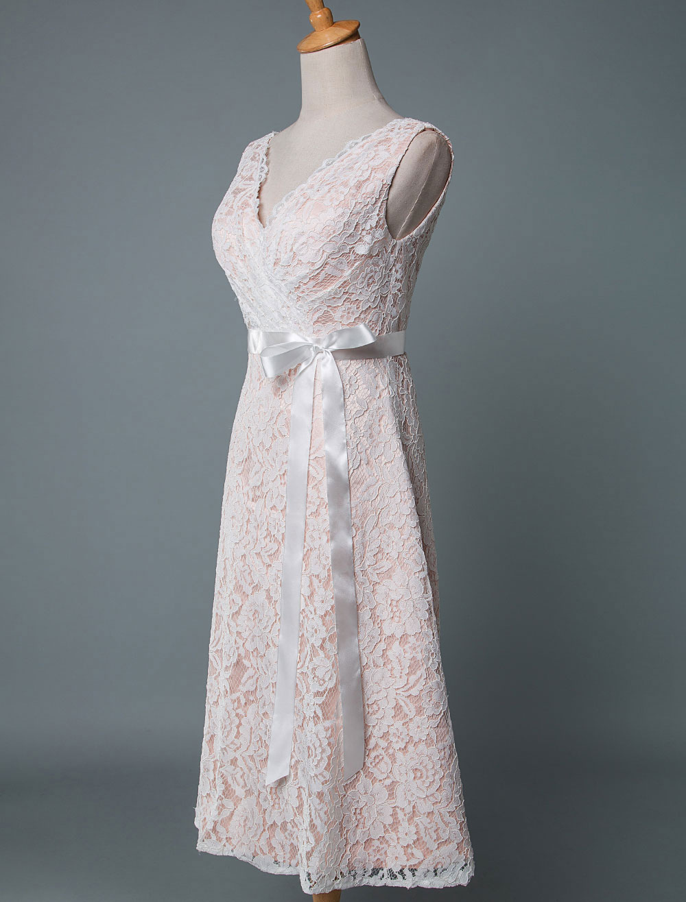 Brautkleider Kurz Hellrosa ärmellos V-Ausschnitt Spitze ...