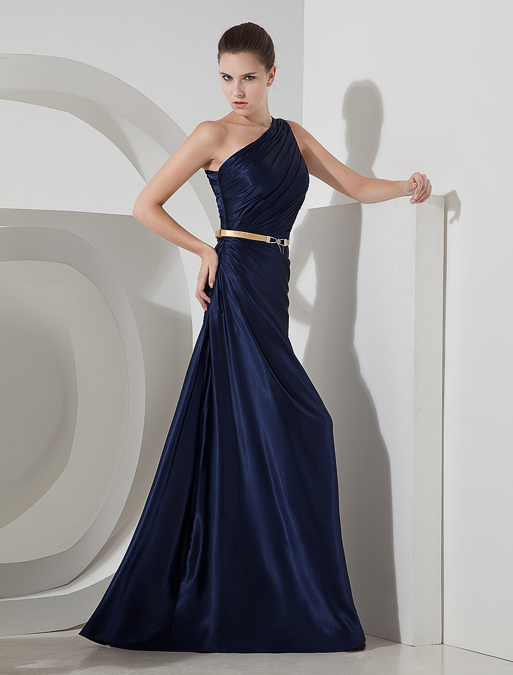 Deep Blue One-Shoulder Elastic Silk Like Satin Evening Dress - Milanoo.com