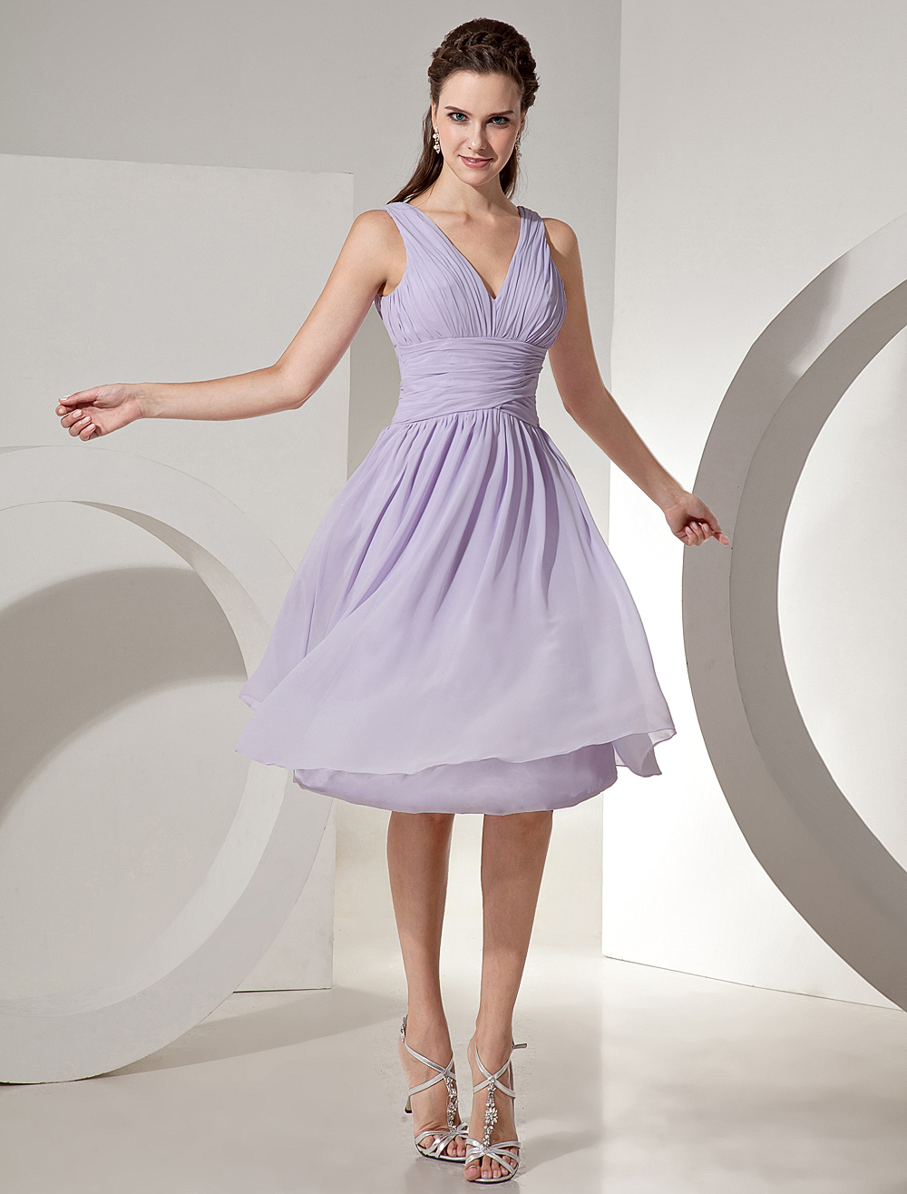 Lilac Bridesmaid Dress V Neck Ruched Chiffon A Line Knee Length Short ...